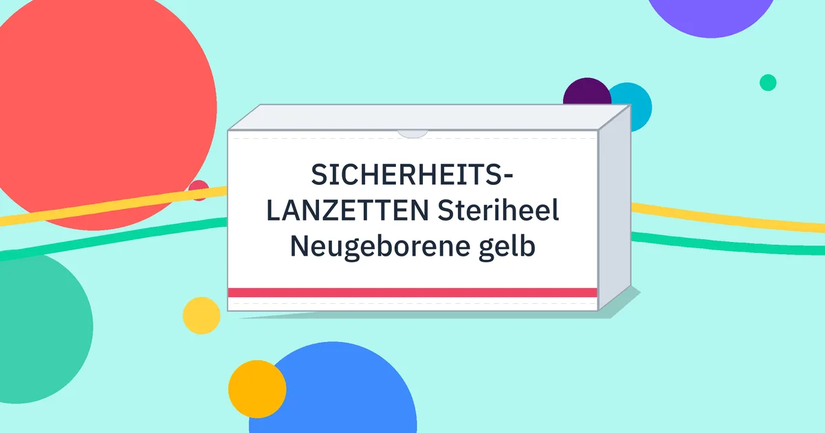 Symbolbild: Packung mit der Aufschrift SICHERHEITS-LANZETTEN Steriheel Neugeborene gelb (PZN 13231037) – Verfügbarkeit und Bezug in Apotheken in Frankfurt am Main