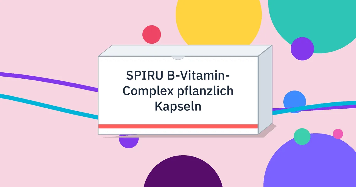 Symbolbild: Packung mit der Aufschrift SPIRU B-Vitamin-Complex pflanzlich Kapseln (PZN 07782721) – Verfügbarkeit und Bezug in Apotheken in Frankfurt am Main