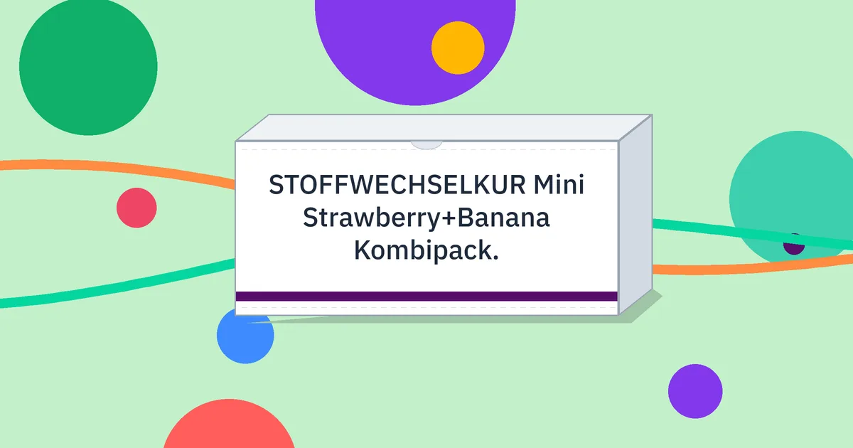 Symbolbild: Packung mit der Aufschrift STOFFWECHSELKUR Mini Strawberry+Banana Kombipack. (PZN 14044797) – Verfügbarkeit und Bezug in Apotheken in Frankfurt am Main