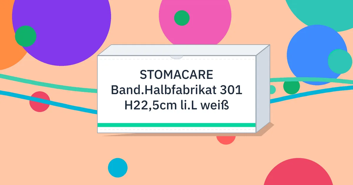 Symbolbild: Packung mit der Aufschrift STOMACARE Band.Halbfabrikat 301 H22,5cm li.L weiß (PZN 03413889) – Verfügbarkeit und Bezug in Apotheken in Frankfurt am Main