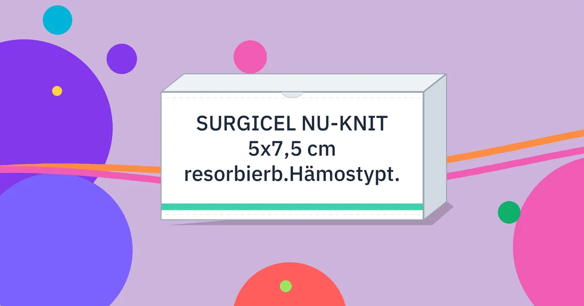 Symbolbild: Packung mit der Aufschrift SURGICEL NU-KNIT 5x7,5 cm resorbierb.Hämostypt. (PZN 19884993) – Verfügbarkeit und Bezug in Apotheken in Frankfurt am Main