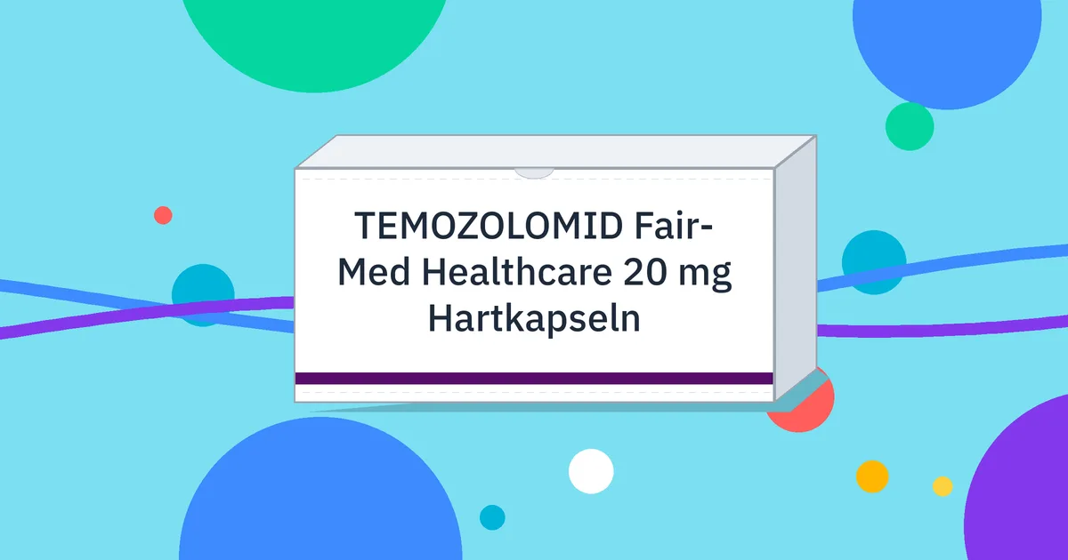 Symbolbild: Packung mit der Aufschrift TEMOZOLOMID Fair-Med Healthcare 20 mg Hartkapseln (PZN 14167985) – Verfügbarkeit und Bezug in Apotheken in Frankfurt am Main