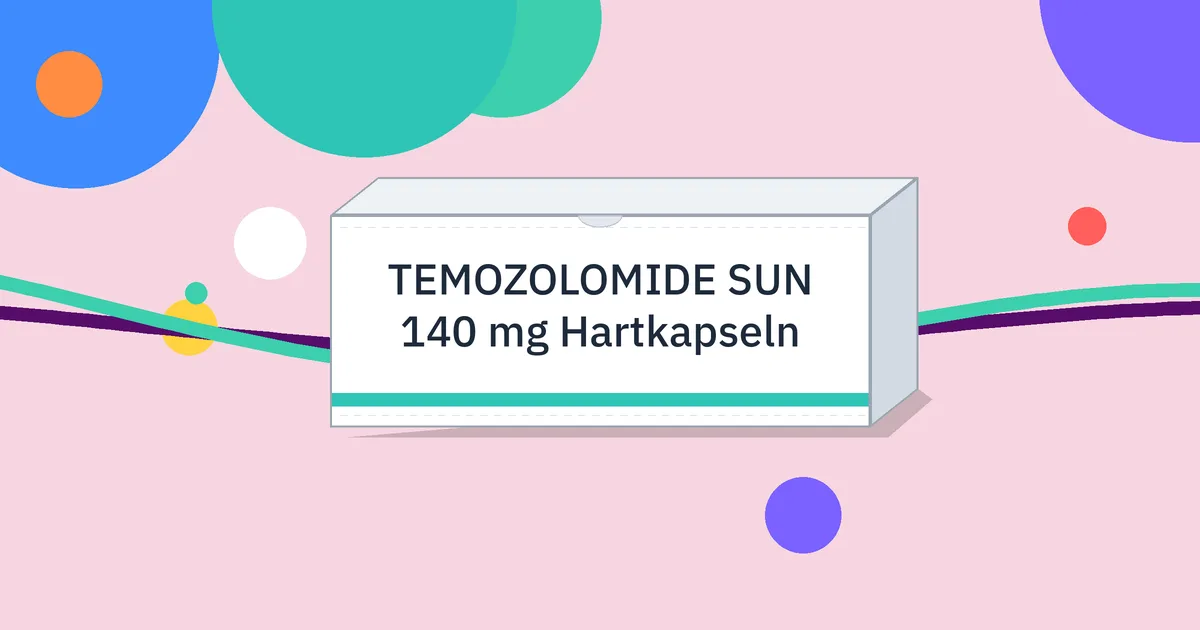 Symbolbild: Packung mit der Aufschrift TEMOZOLOMIDE SUN 140 mg Hartkapseln (PZN 16156342) – Verfügbarkeit und Bezug in Apotheken in Frankfurt am Main
