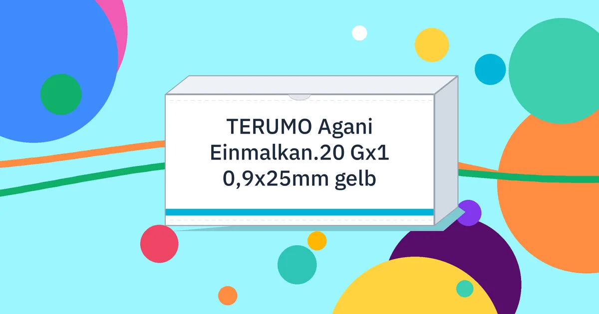 Symbolbild: Packung mit der Aufschrift TERUMO Agani Einmalkan.20 Gx1 0,9x25mm gelb (PZN 13873563) – Verfügbarkeit und Bezug in Apotheken in Frankfurt am Main