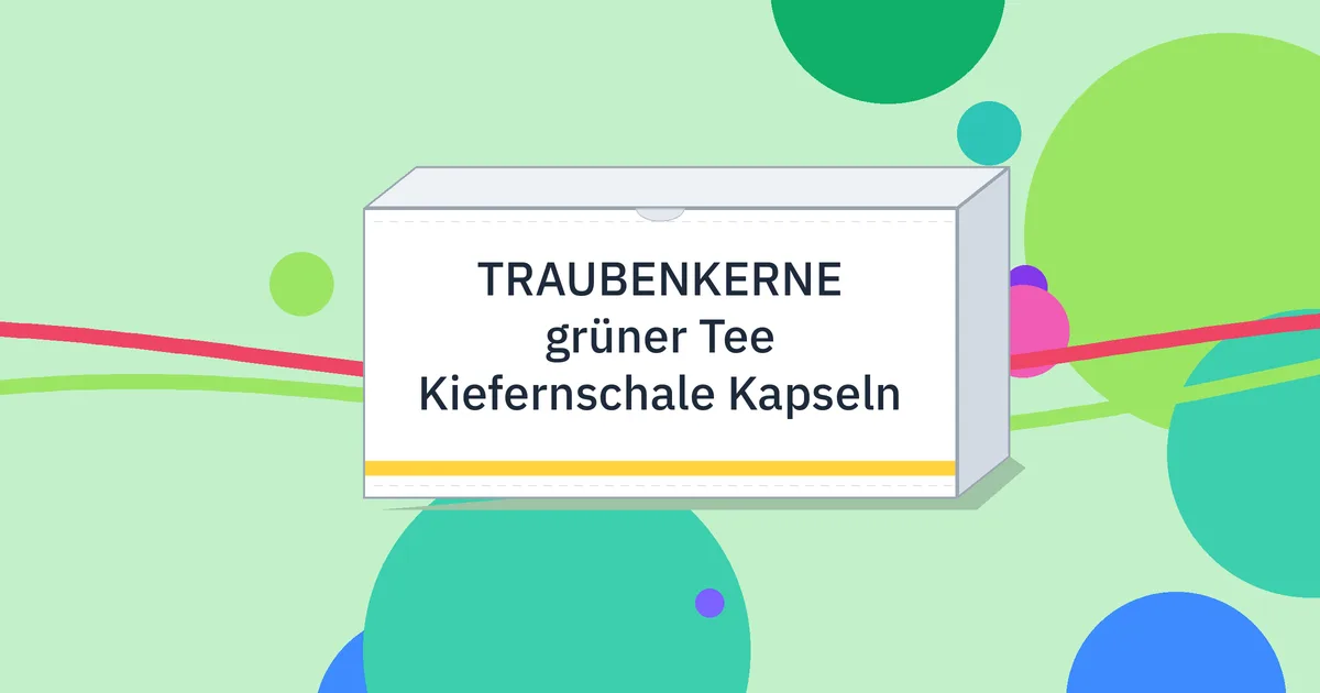 Symbolbild: Packung mit der Aufschrift TRAUBENKERNE grüner Tee Kiefernschale Kapseln (PZN 19642416) – Verfügbarkeit und Bezug in Apotheken in Frankfurt am Main