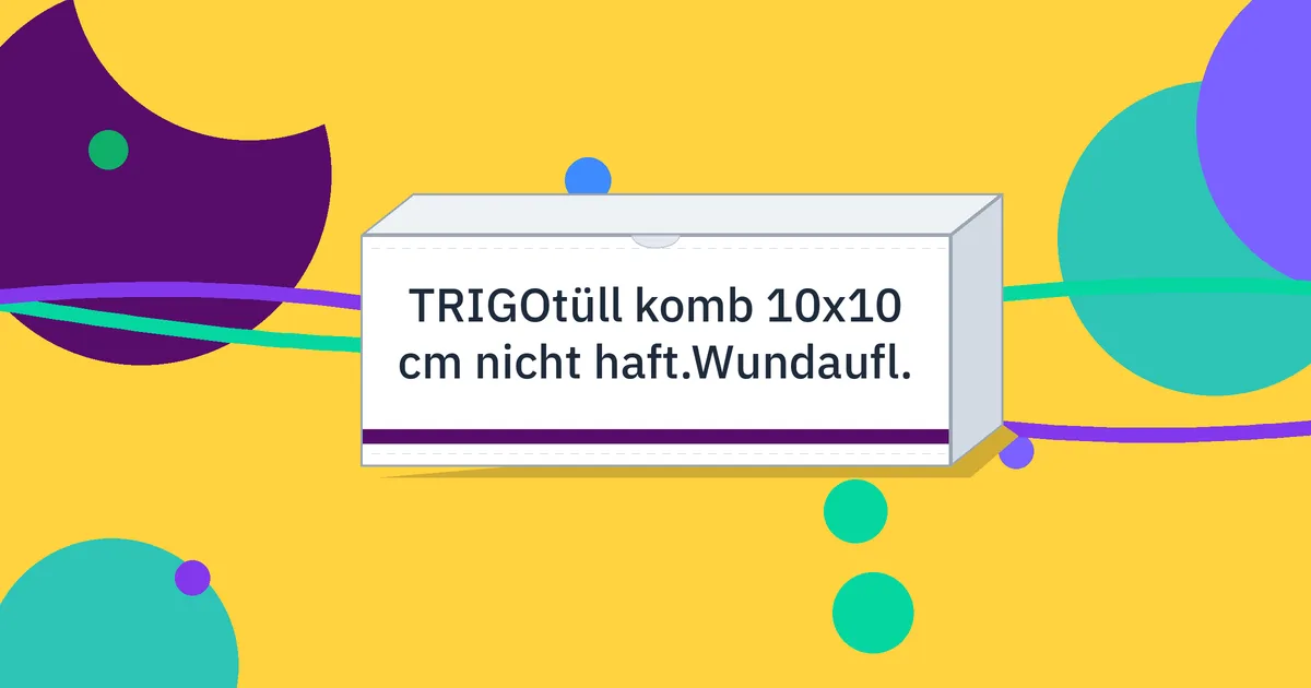 Symbolbild: Packung mit der Aufschrift TRIGOtüll komb 10x10 cm nicht haft.Wundaufl. (PZN 20343038) – Verfügbarkeit und Bezug in Apotheken in Frankfurt am Main