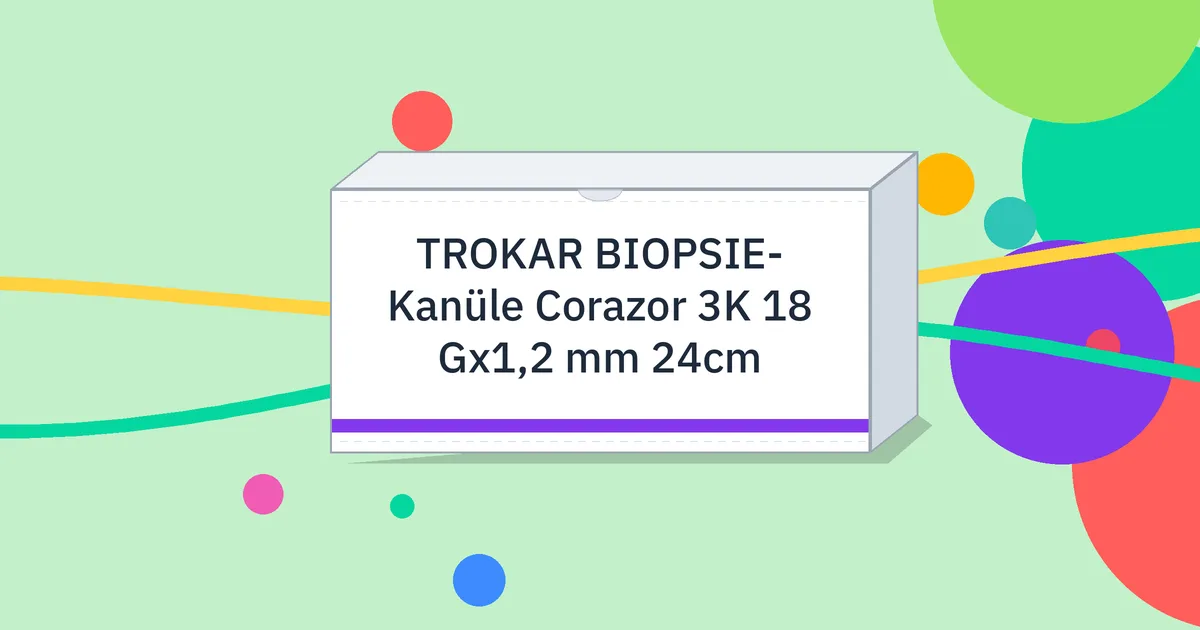 Symbolbild: Packung mit der Aufschrift TROKAR BIOPSIE-Kanüle Corazor 3K 18 Gx1,2 mm 24cm (PZN 20096203) – Verfügbarkeit und Bezug in Apotheken in Frankfurt am Main