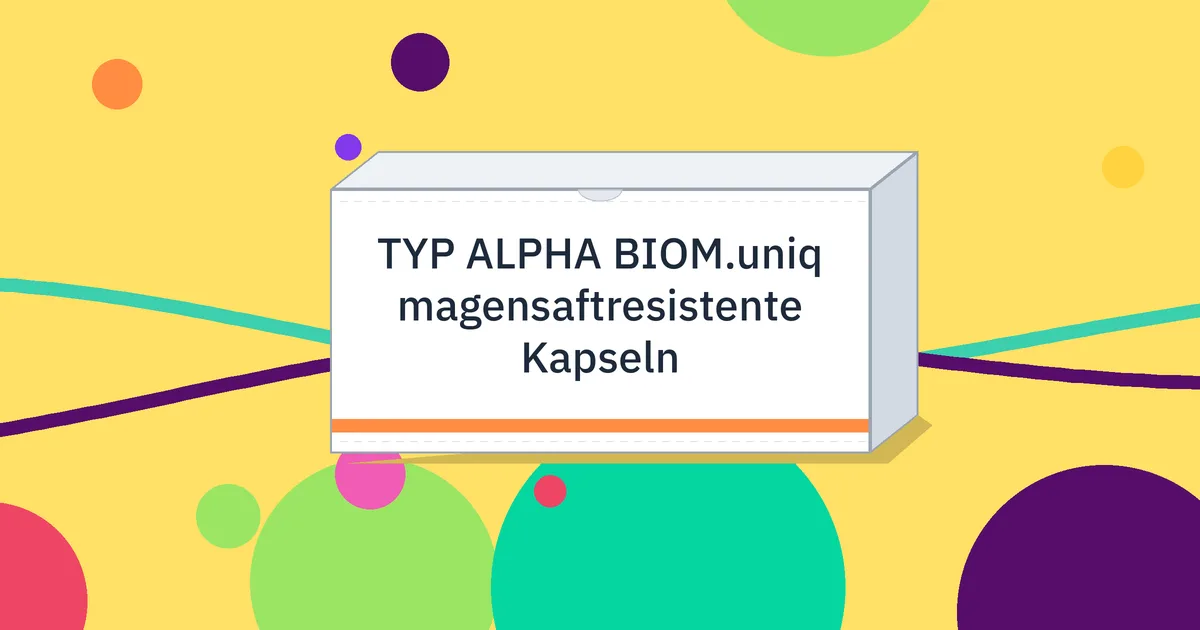 Symbolbild: Packung mit der Aufschrift TYP ALPHA BIOM.uniq magensaftresistente Kapseln (PZN 19662821) – Verfügbarkeit und Bezug in Apotheken in Frankfurt am Main