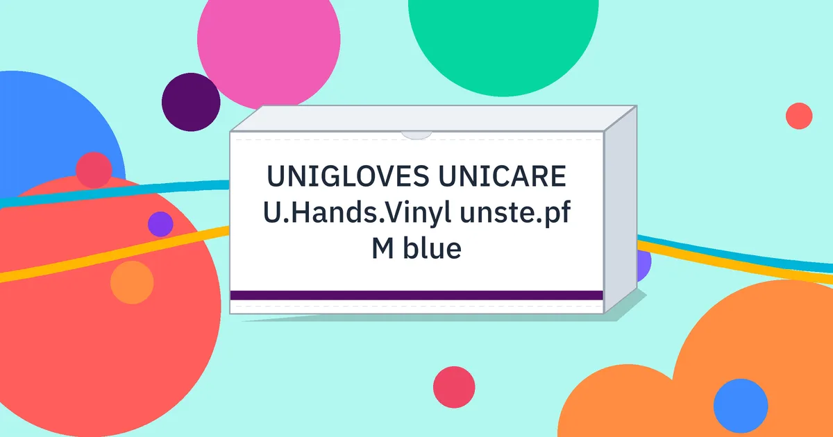Symbolbild: Packung mit der Aufschrift UNIGLOVES UNICARE U.Hands.Vinyl unste.pf M blue (PZN 20120120) – Verfügbarkeit und Bezug in Apotheken in Frankfurt am Main
