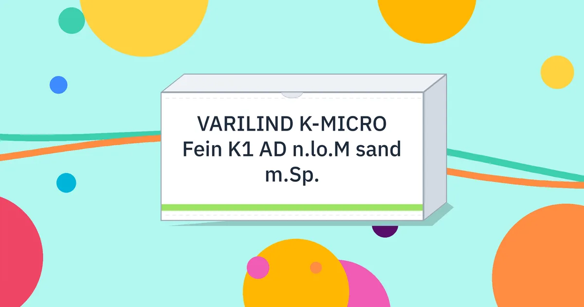 Symbolbild: Packung mit der Aufschrift VARILIND K-MICRO Fein K1 AD n.lo.M sand m.Sp. (PZN 20618860) – Verfügbarkeit und Bezug in Apotheken in Frankfurt am Main