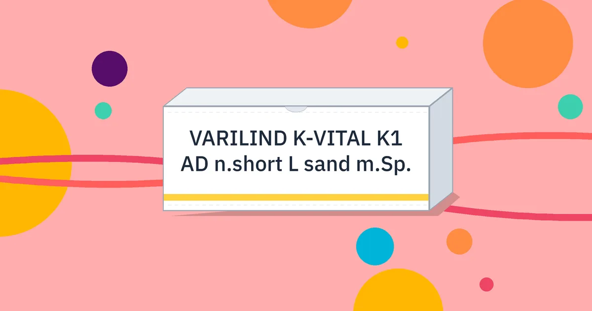 Symbolbild: Packung mit der Aufschrift VARILIND K-VITAL K1 AD n.short L sand m.Sp. (PZN 20565804) – Verfügbarkeit und Bezug in Apotheken in Frankfurt am Main