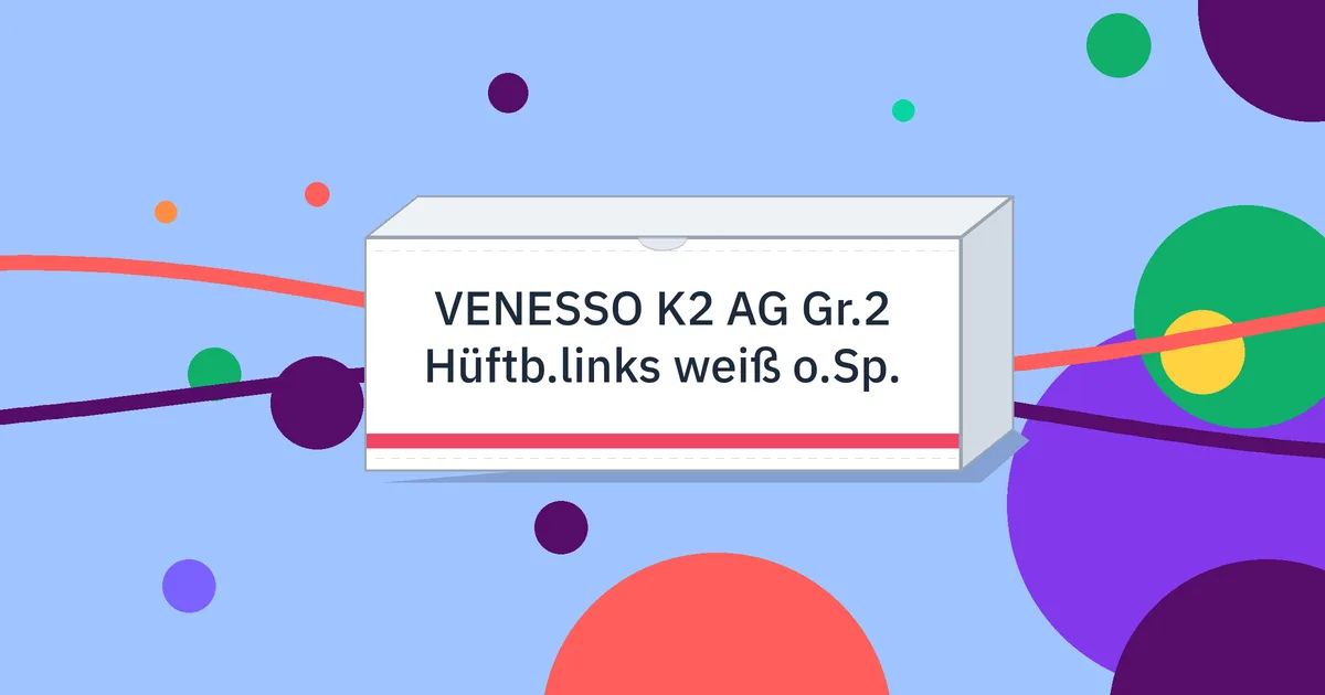 Symbolbild: Packung mit der Aufschrift VENESSO K2 AG Gr.2 Hüftb.links weiß o.Sp. (PZN 03269234) – Verfügbarkeit und Bezug in Apotheken in Frankfurt am Main