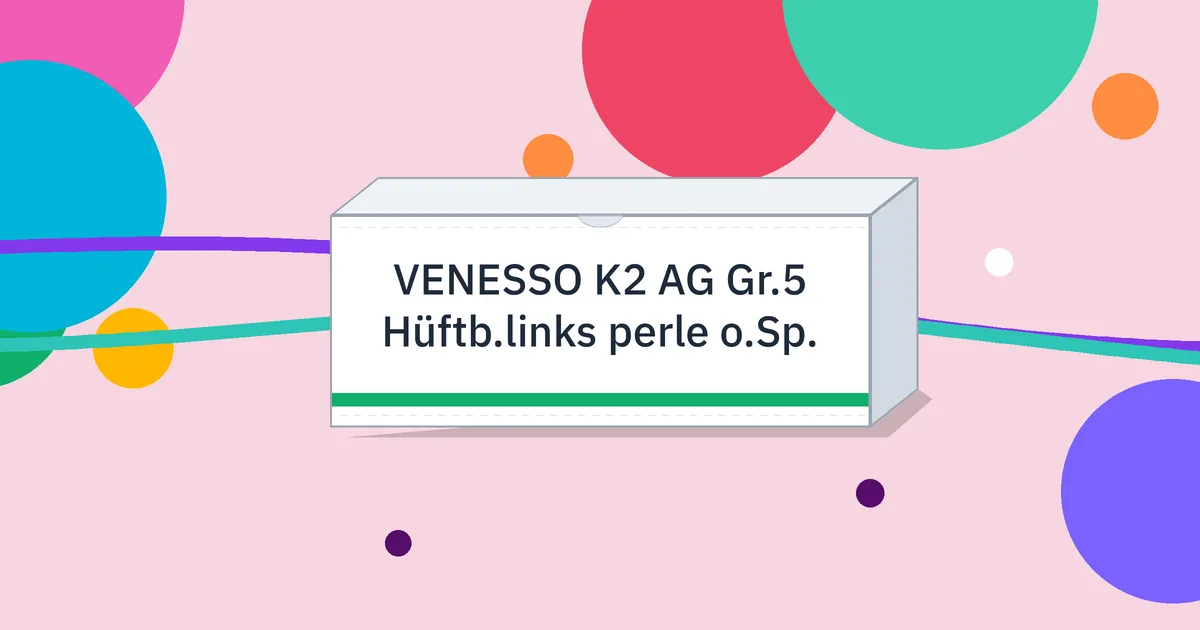 Symbolbild: Packung mit der Aufschrift VENESSO K2 AG Gr.5 Hüftb.links perle o.Sp. (PZN 03269872) – Verfügbarkeit und Bezug in Apotheken in Frankfurt am Main