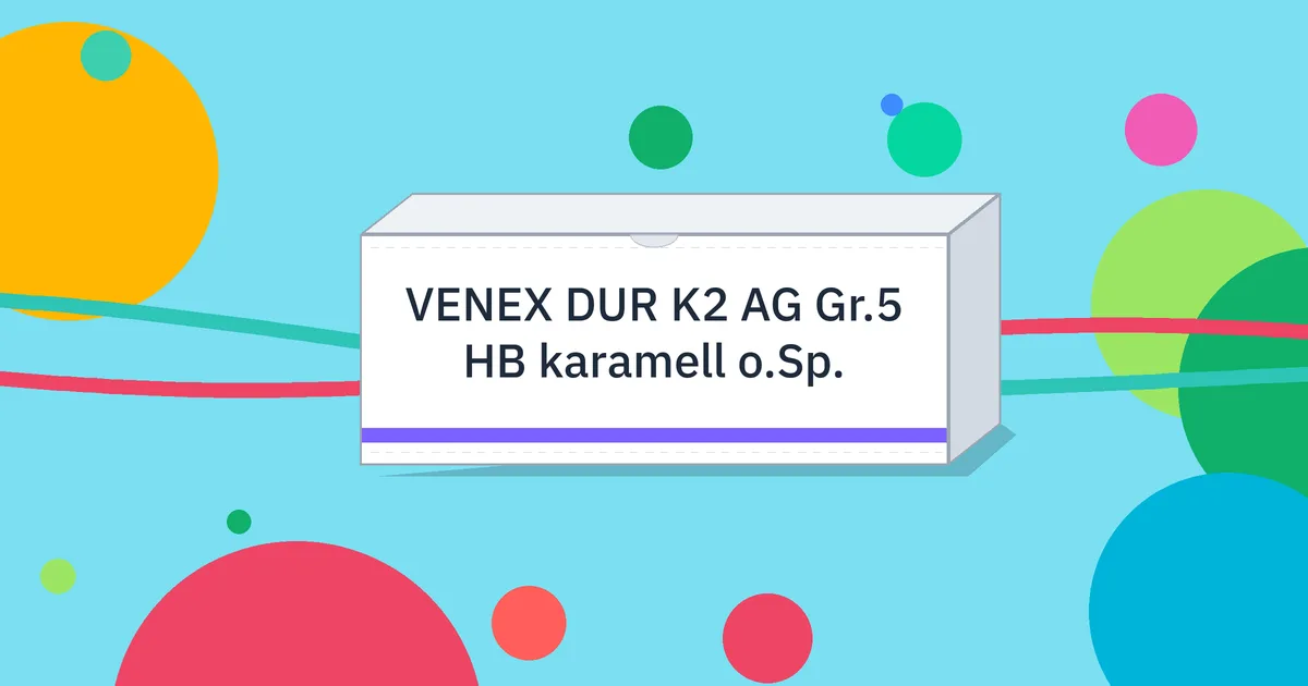 Symbolbild: Packung mit der Aufschrift VENEX DUR K2 AG Gr.5 HB karamell o.Sp. (PZN 13757851) – Verfügbarkeit und Bezug in Apotheken in Frankfurt am Main