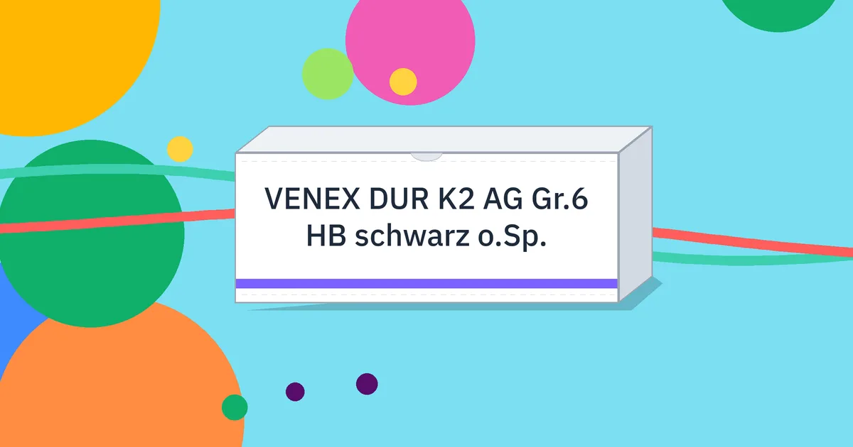 Symbolbild: Packung mit der Aufschrift VENEX DUR K2 AG Gr.6 HB schwarz o.Sp. (PZN 03221440) – Verfügbarkeit und Bezug in Apotheken in Frankfurt am Main
