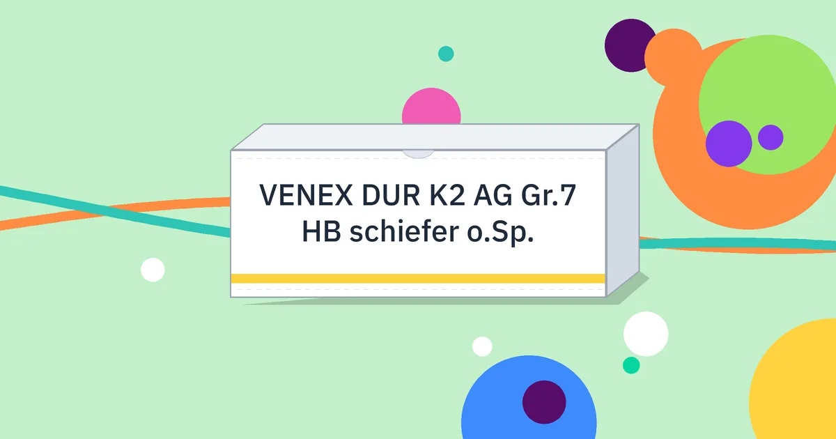 Symbolbild: Packung mit der Aufschrift VENEX DUR K2 AG Gr.7 HB schiefer o.Sp. (PZN 03221322) – Verfügbarkeit und Bezug in Apotheken in Frankfurt am Main