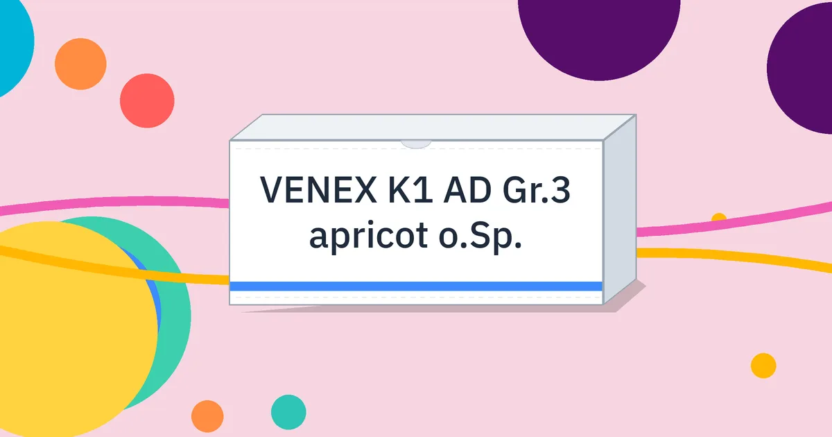 Symbolbild: Packung mit der Aufschrift VENEX K1 AD Gr.3 apricot o.Sp. (PZN 03185566) – Verfügbarkeit und Bezug in Apotheken in Frankfurt am Main