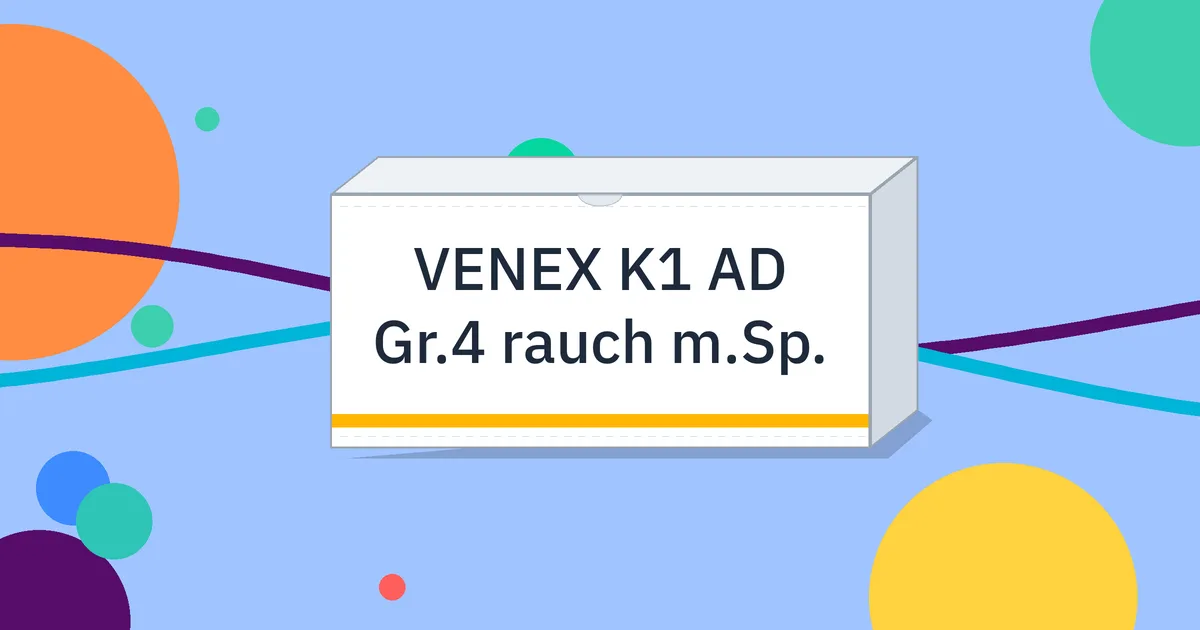 Symbolbild: Packung mit der Aufschrift VENEX K1 AD Gr.4 rauch m.Sp. (PZN 03183544) – Verfügbarkeit und Bezug in Apotheken in Frankfurt am Main