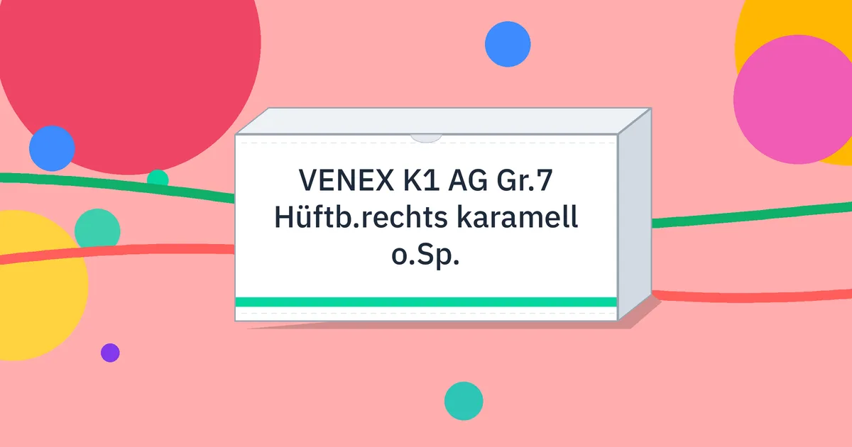 Symbolbild: Packung mit der Aufschrift VENEX K1 AG Gr.7 Hüftb.rechts karamell o.Sp. (PZN 13761048) – Verfügbarkeit und Bezug in Apotheken in Frankfurt am Main