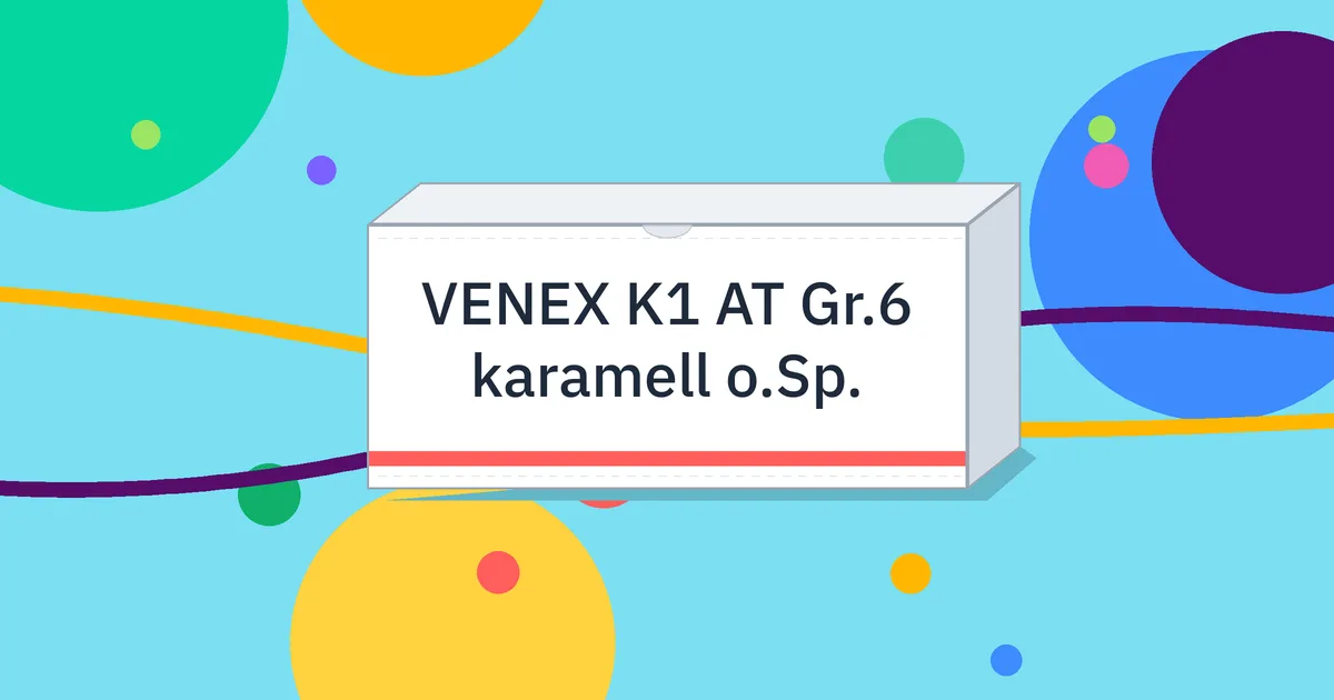 Symbolbild: Packung mit der Aufschrift VENEX K1 AT Gr.6 karamell o.Sp. (PZN 13759287) – Verfügbarkeit und Bezug in Apotheken in Frankfurt am Main