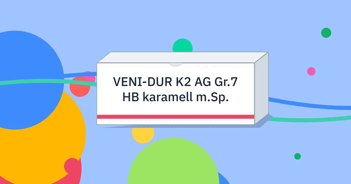 Symbolbild: Packung mit der Aufschrift VENI-DUR K2 AG Gr.7 HB karamell m.Sp. (PZN 13756610) – Verfügbarkeit und Bezug in Apotheken in Frankfurt am Main