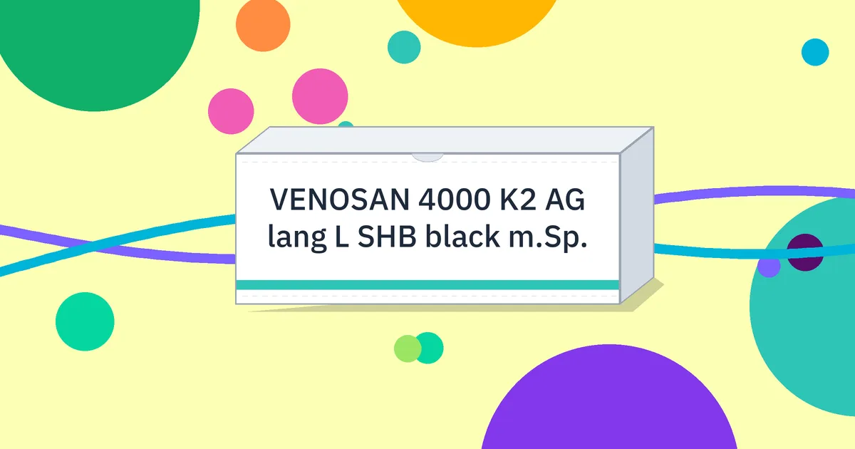 Symbolbild: Packung mit der Aufschrift VENOSAN 4000 K2 AG lang L SHB black m.Sp. (PZN 14427713) – Verfügbarkeit und Bezug in Apotheken in Frankfurt am Main