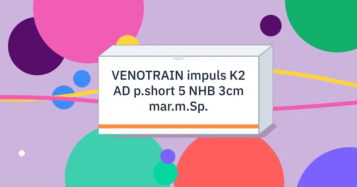 Symbolbild: Packung mit der Aufschrift VENOTRAIN impuls K2 AD p.short 5 NHB 3cm mar.m.Sp. (PZN 15223639) – Verfügbarkeit und Bezug in Apotheken in Frankfurt am Main