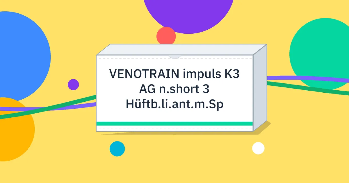Symbolbild: Packung mit der Aufschrift VENOTRAIN impuls K3 AG n.short 3 Hüftb.li.ant.m.Sp (PZN 15220500) – Verfügbarkeit und Bezug in Apotheken in Frankfurt am Main