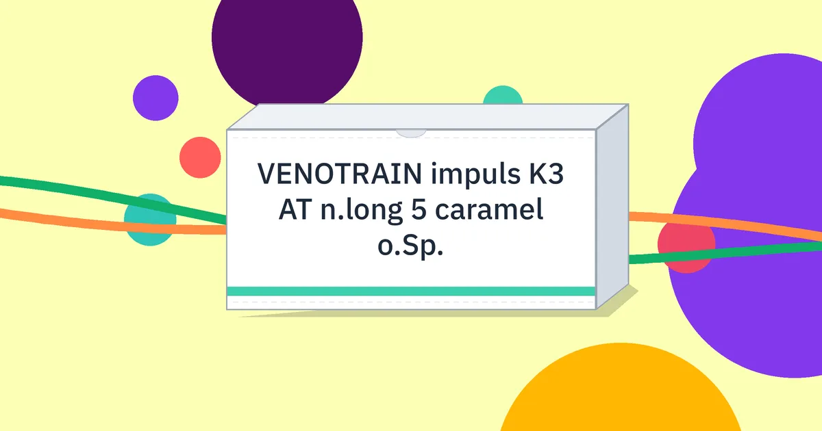 Symbolbild: Packung mit der Aufschrift VENOTRAIN impuls K3 AT n.long 5 caramel o.Sp. (PZN 19355289) – Verfügbarkeit und Bezug in Apotheken in Frankfurt am Main