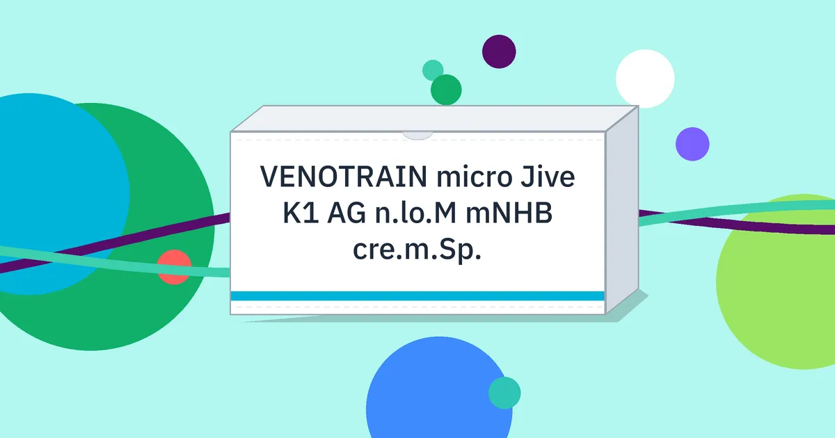 Symbolbild: Packung mit der Aufschrift VENOTRAIN micro Jive K1 AG n.lo.M mNHB cre.m.Sp. (PZN 17757888) – Verfügbarkeit und Bezug in Apotheken in Frankfurt am Main