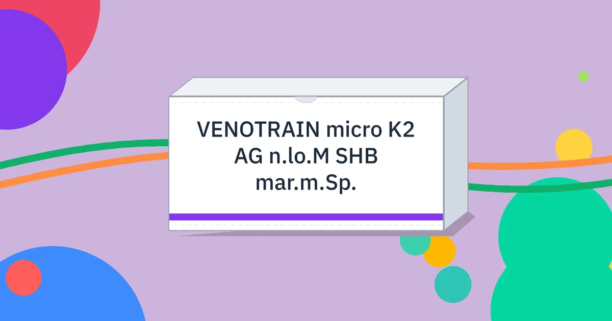 Symbolbild: Packung mit der Aufschrift VENOTRAIN micro K2 AG n.lo.M SHB mar.m.Sp. (PZN 06153302) – Verfügbarkeit und Bezug in Apotheken in Frankfurt am Main