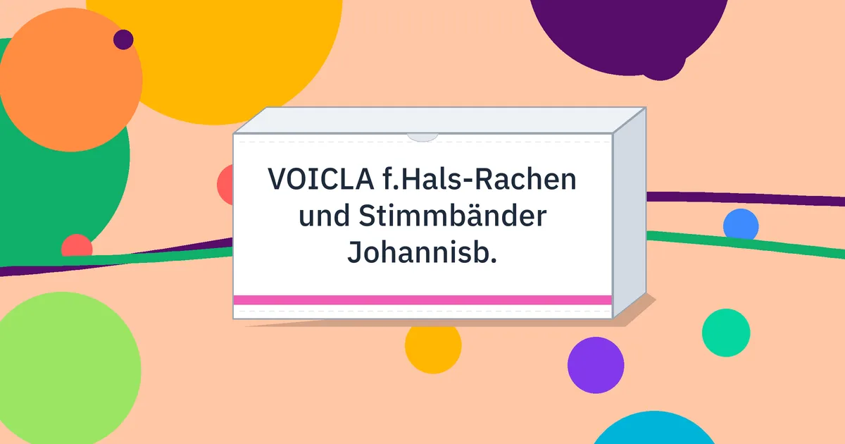 Symbolbild: Packung mit der Aufschrift VOICLA f.Hals-Rachen und Stimmbänder Johannisb. (PZN 20009701) – Verfügbarkeit und Bezug in Apotheken in Frankfurt am Main