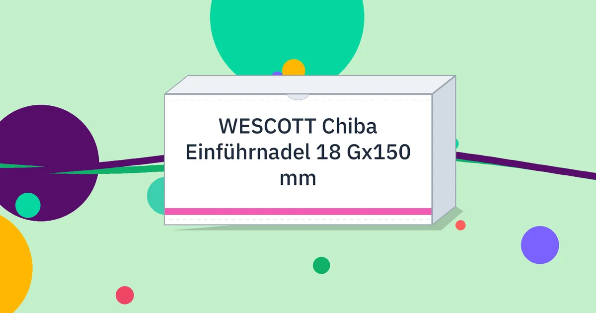Symbolbild: Packung mit der Aufschrift WESCOTT Chiba Einführnadel 18 Gx150 mm (PZN 16920636) – Verfügbarkeit und Bezug in Apotheken in Frankfurt am Main