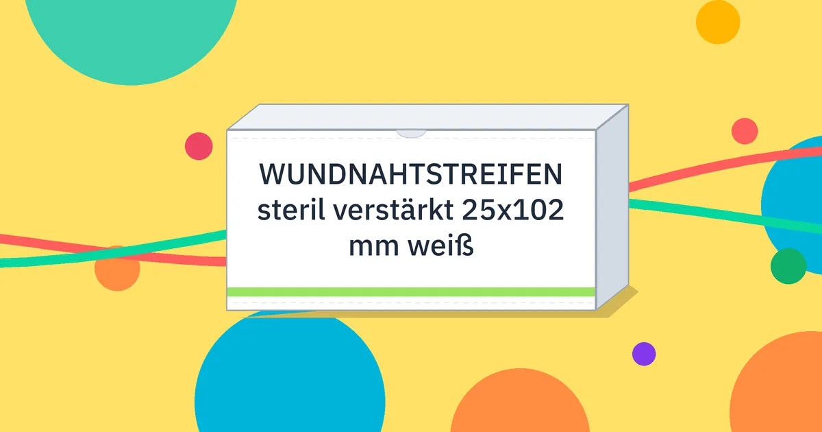 Symbolbild: Packung mit der Aufschrift WUNDNAHTSTREIFEN steril verstärkt 25x102 mm weiß (PZN 20101068) – Verfügbarkeit und Bezug in Apotheken in Frankfurt am Main