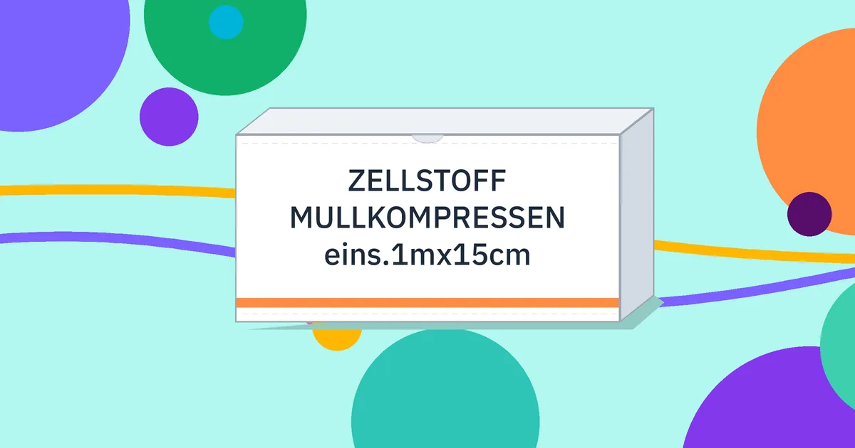 Symbolbild: Packung mit der Aufschrift ZELLSTOFF MULLKOMPRESSEN eins.1mx15cm (PZN 01722801) – Verfügbarkeit und Bezug in Apotheken in Frankfurt am Main