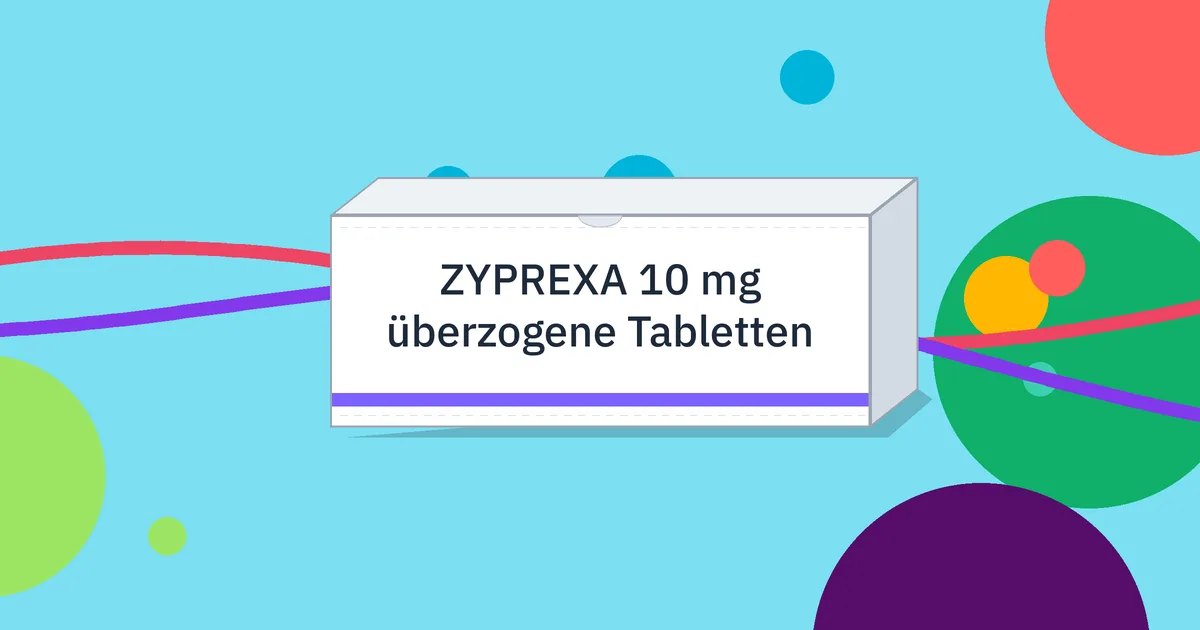 Symbolbild: Packung mit der Aufschrift ZYPREXA 10 mg überzogene Tabletten (PZN 05916637) – Verfügbarkeit und Bezug in Apotheken in Frankfurt am Main