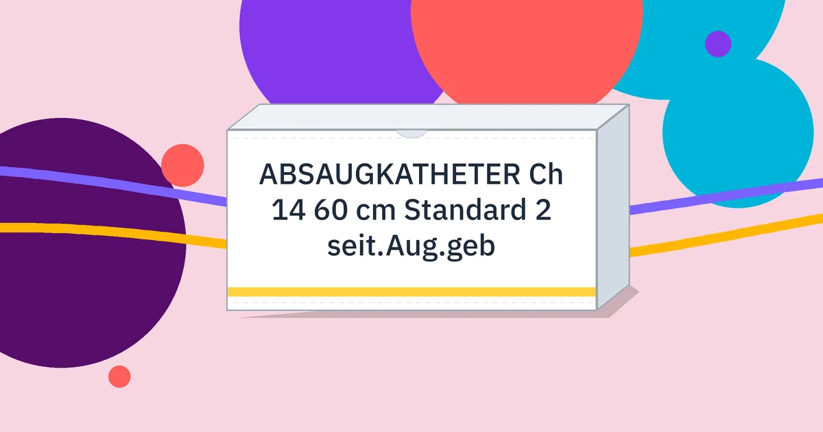 Symbolbild: Packung mit der Aufschrift ABSAUGKATHETER Ch 14 60 cm Standard 2 seit.Aug.geb (PZN 17177659) – Verfügbarkeit und Bezug in Apotheken in Frankfurt am Main