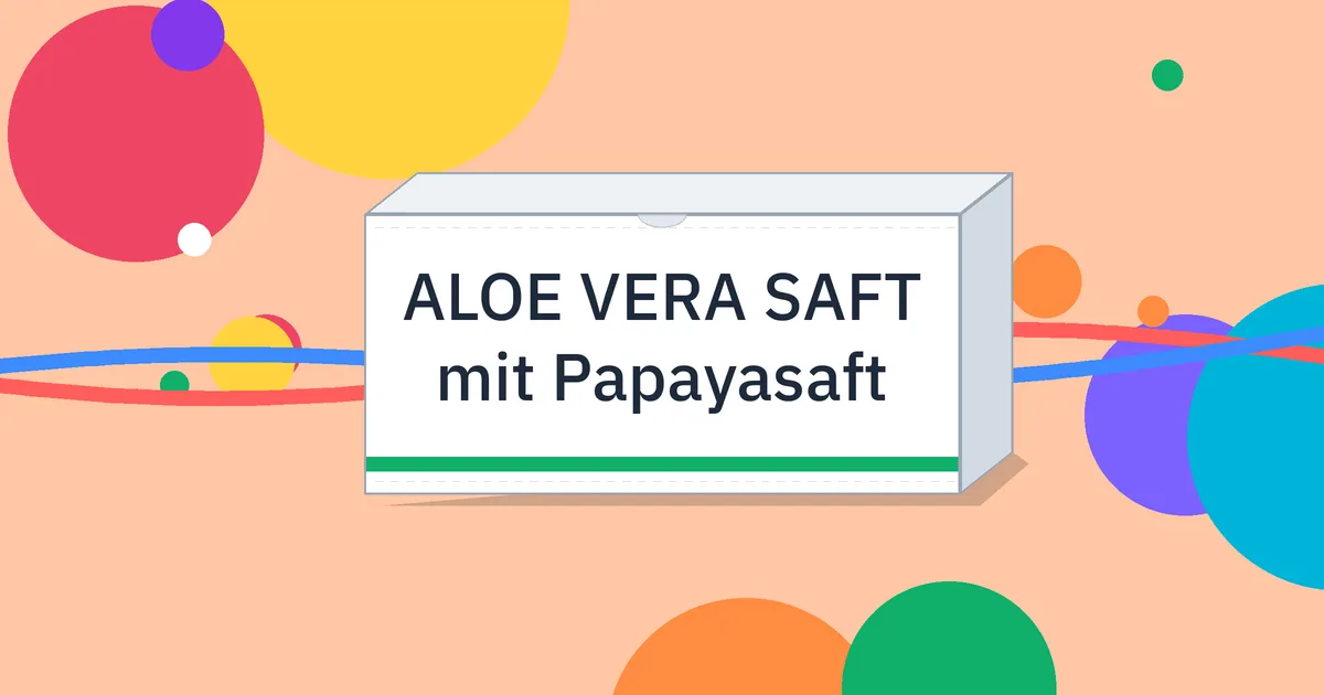 Symbolbild: Packung mit der Aufschrift ALOE VERA SAFT mit Papayasaft (PZN 19726573) – Verfügbarkeit und Bezug in Apotheken in Frankfurt am Main