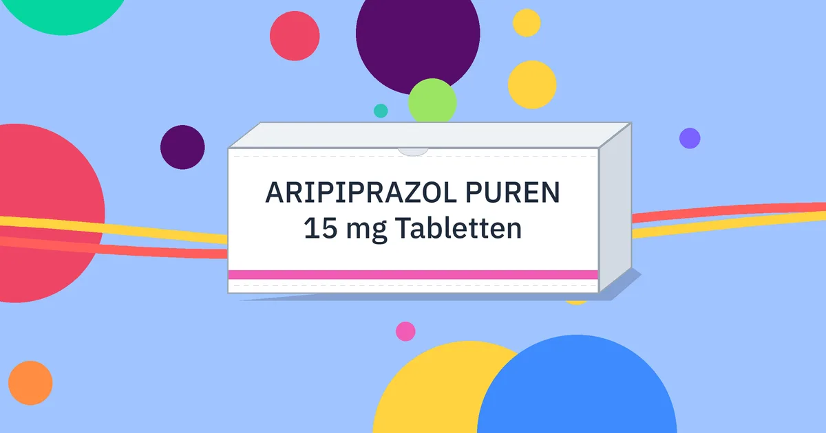 Symbolbild: Packung mit der Aufschrift ARIPIPRAZOL PUREN 15 mg Tabletten (PZN 18707651) – Verfügbarkeit und Bezug in Apotheken in Frankfurt am Main