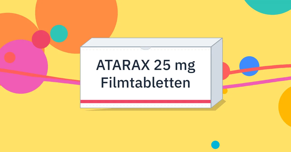 Symbolbild: Packung mit der Aufschrift ATARAX 25 mg Filmtabletten (PZN 08491670) – Verfügbarkeit und Bezug in Apotheken in Frankfurt am Main