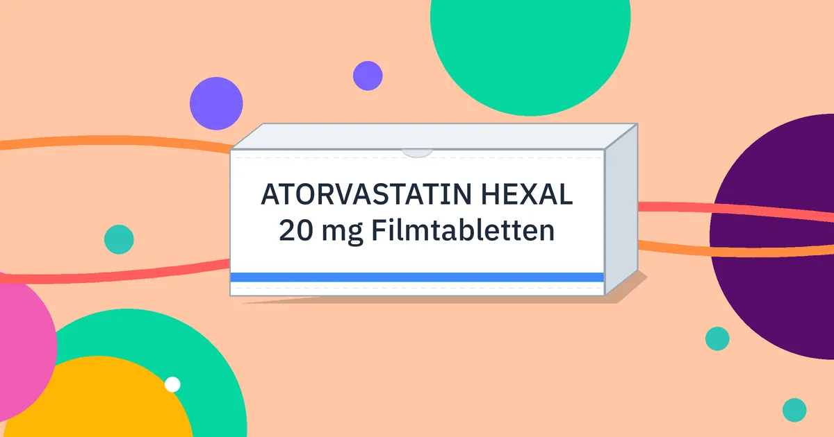 Symbolbild: Packung mit der Aufschrift ATORVASTATIN HEXAL 20 mg Filmtabletten (PZN 09122615) – Verfügbarkeit und Bezug in Apotheken in Frankfurt am Main