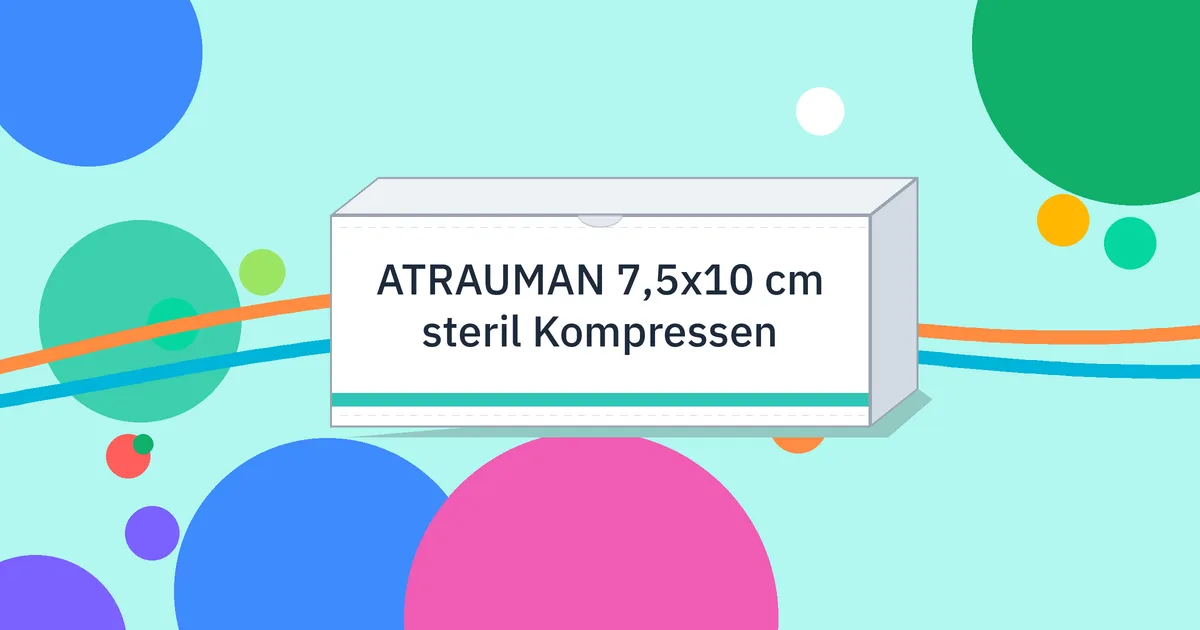 Symbolbild: Packung mit der Aufschrift ATRAUMAN 7,5x10 cm steril Kompressen (PZN 10852247) – Verfügbarkeit und Bezug in Apotheken in Frankfurt am Main