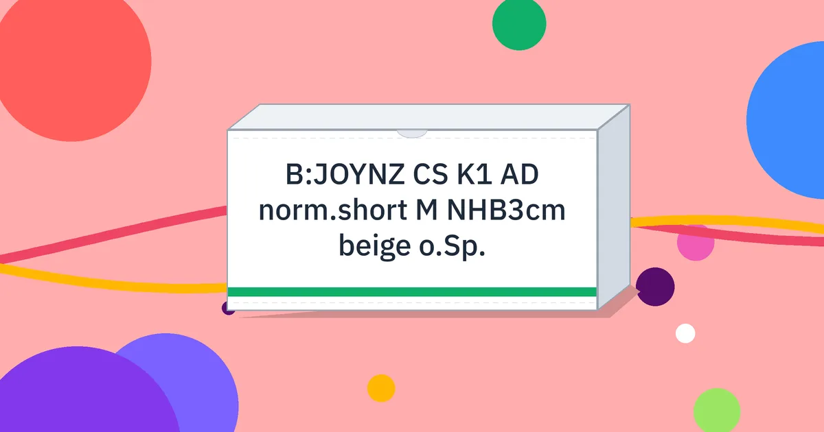 Symbolbild: Packung mit der Aufschrift B:JOYNZ CS K1 AD norm.short M NHB3cm beige o.Sp. (PZN 20529599) – Verfügbarkeit und Bezug in Apotheken in Frankfurt am Main