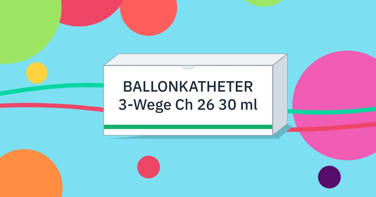 Symbolbild: Packung mit der Aufschrift BALLONKATHETER 3-Wege Ch 26 30 ml (PZN 00189960) – Verfügbarkeit und Bezug in Apotheken in Frankfurt am Main
