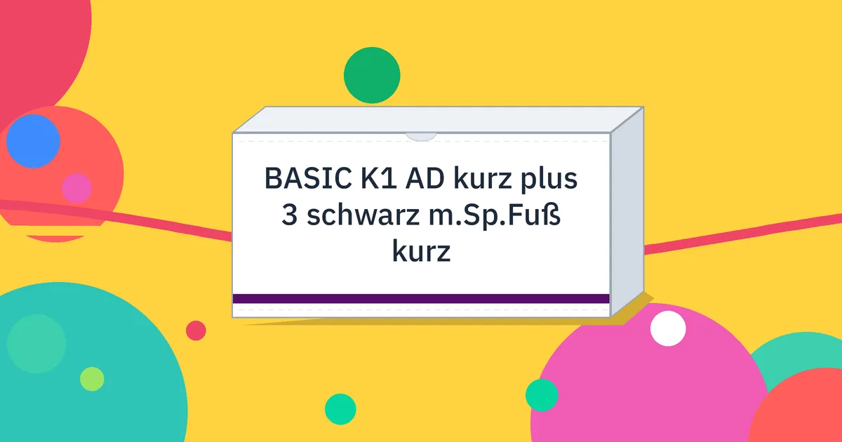Symbolbild: Packung mit der Aufschrift BASIC K1 AD kurz plus 3 schwarz m.Sp.Fuß kurz (PZN 20257830) – Verfügbarkeit und Bezug in Apotheken in Frankfurt am Main