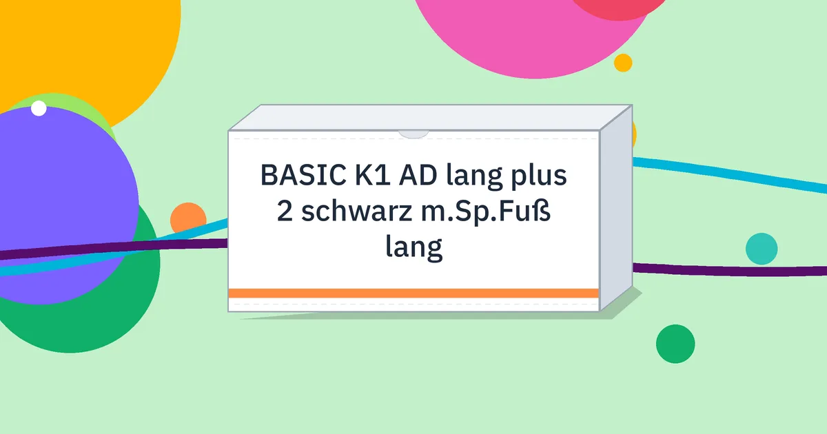 Symbolbild: Packung mit der Aufschrift BASIC K1 AD lang plus 2 schwarz m.Sp.Fuß lang (PZN 20257362) – Verfügbarkeit und Bezug in Apotheken in Frankfurt am Main