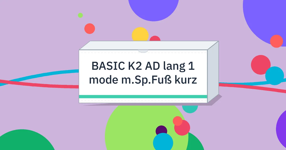 Symbolbild: Packung mit der Aufschrift BASIC K2 AD lang 1 mode m.Sp.Fuß kurz (PZN 20263670) – Verfügbarkeit und Bezug in Apotheken in Frankfurt am Main