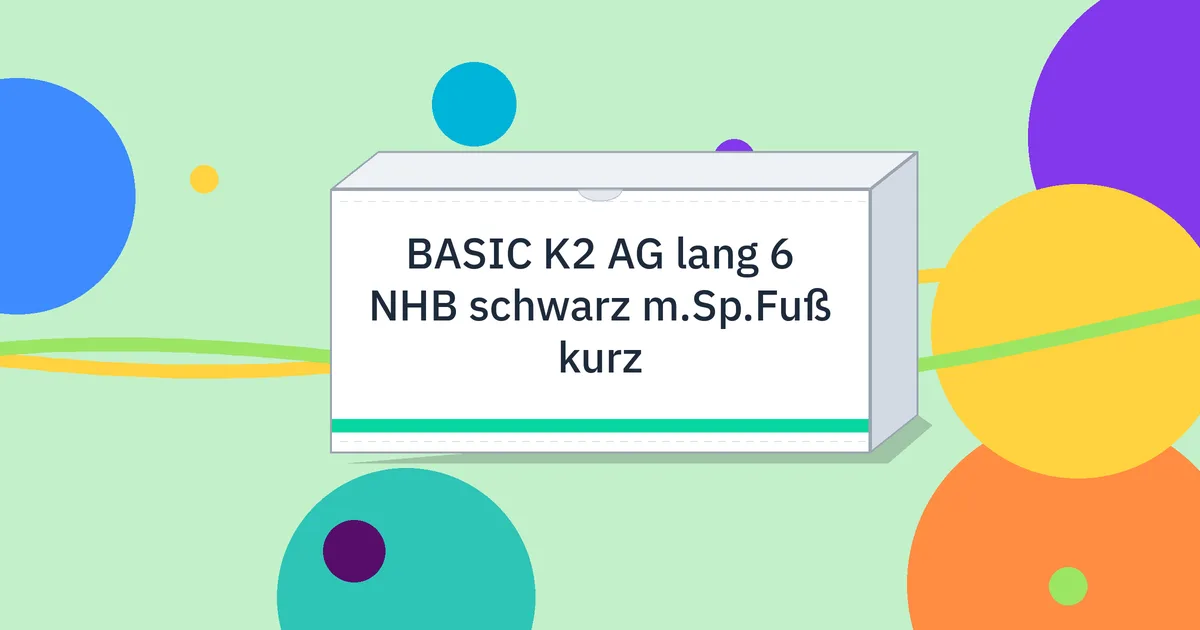 Symbolbild: Packung mit der Aufschrift BASIC K2 AG lang 6 NHB schwarz m.Sp.Fuß kurz (PZN 20268259) – Verfügbarkeit und Bezug in Apotheken in Frankfurt am Main