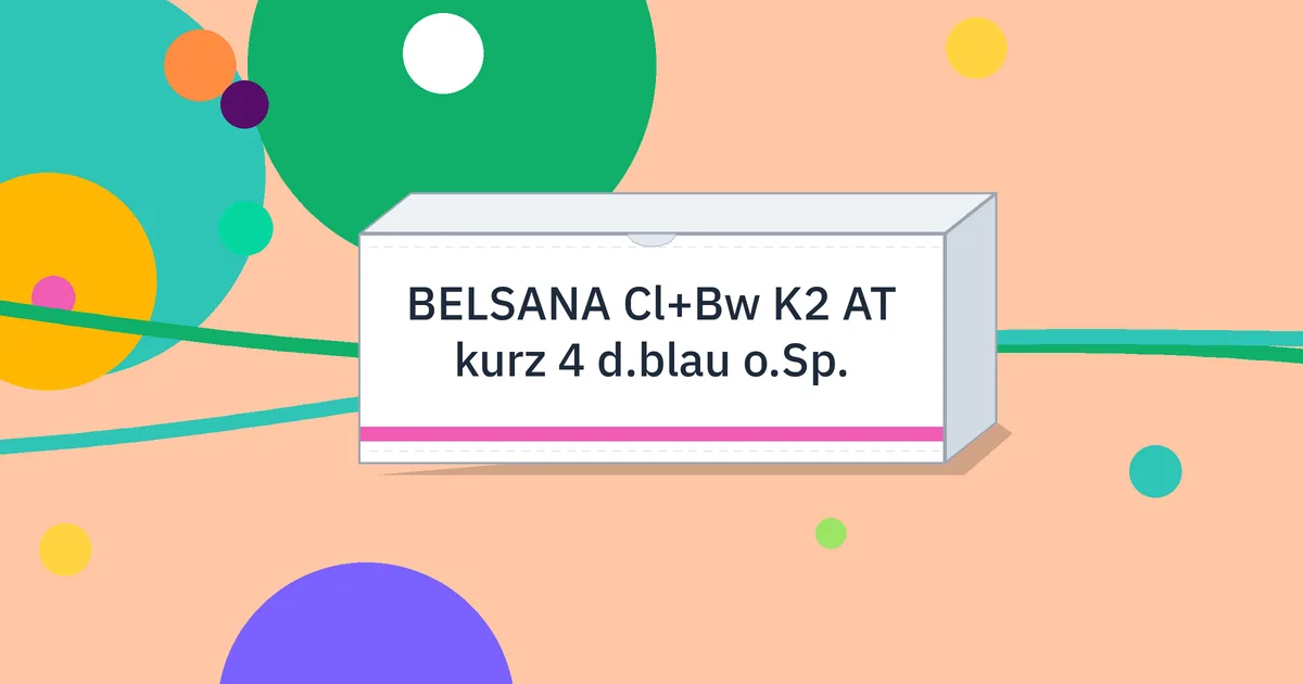 Symbolbild: Packung mit der Aufschrift BELSANA Cl+Bw K2 AT kurz 4 d.blau o.Sp. (PZN 15627911) – Verfügbarkeit und Bezug in Apotheken in Frankfurt am Main