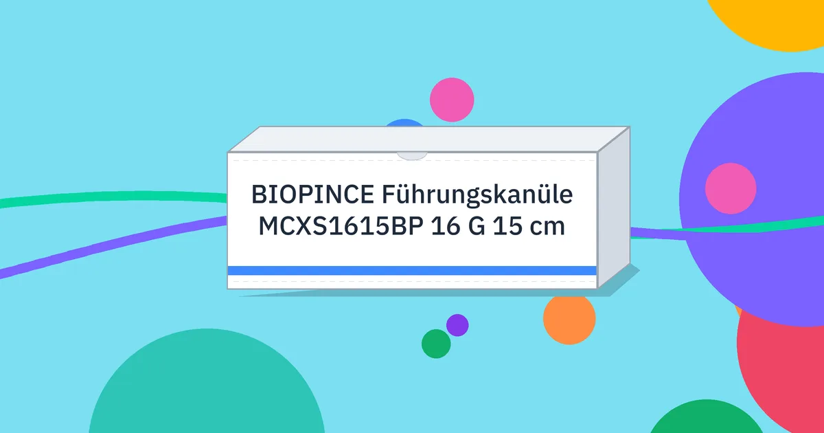 Symbolbild: Packung mit der Aufschrift BIOPINCE Führungskanüle MCXS1615BP 16 G 15 cm (PZN 16140832) – Verfügbarkeit und Bezug in Apotheken in Frankfurt am Main